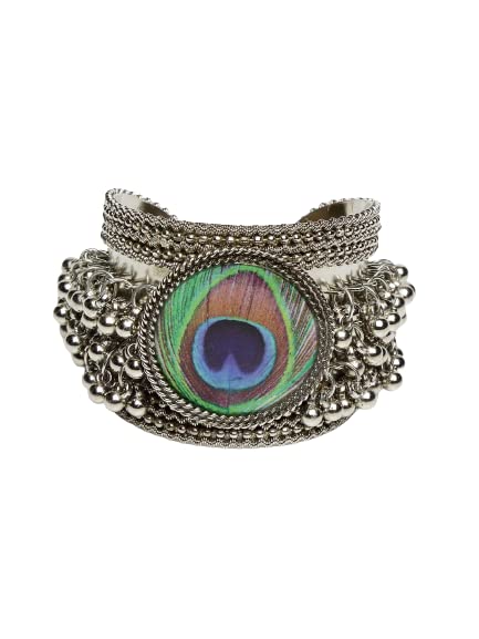 Buy Dulcett German Oxidised Silver Ghungroo Peacock Cuff Tribal Kada ...