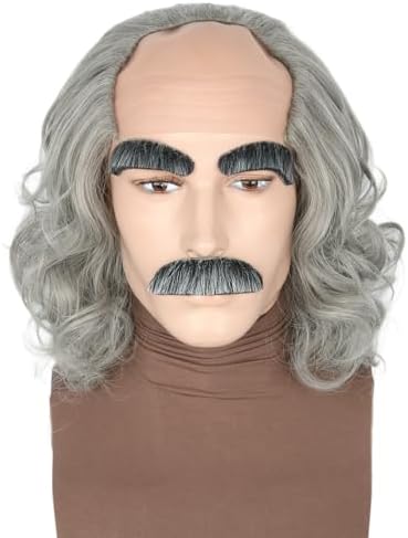 Amazon.com: LeMarnia Old Man Wig and Beard Eyebrows Short Gray Bald Cap ...