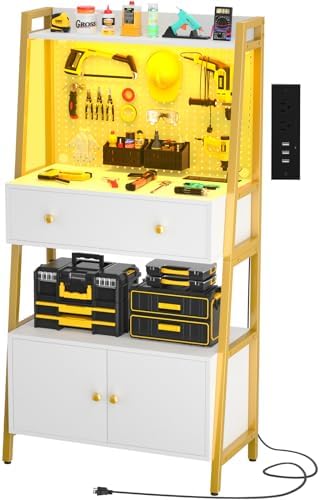 Cyclysio Small Workbench with Pegboard, Garage Table with LED Light ...