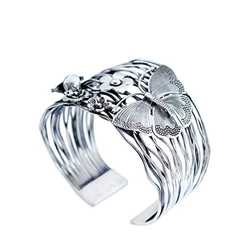 Amazon.com: Handmade Sterling Silver Butterfly & Flowers Bangle ...