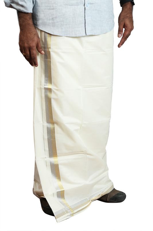 Kavz Men's Cotton Kerala Mundu Double Dhoti 4 Meter With Kasavu ...