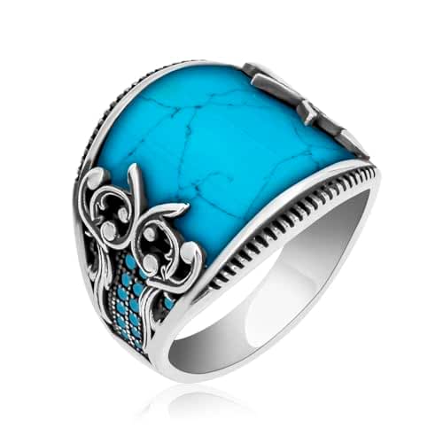 Amazon.com: 925 Sterling Silver Men Silver Ring with Turquoise GemStone ...
