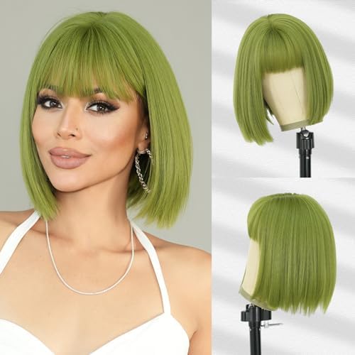 Amazon.com : 7JHH WIGS Short Straight Wig with Bangs 12in Short Green ...