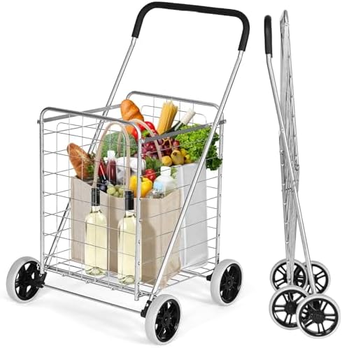 COSTWAY 83L Folding Shopping Trolley on Wheels, Metal Utility Push/Pull ...
