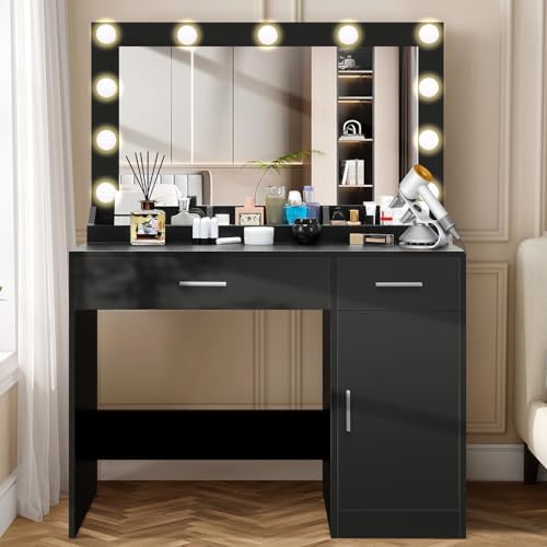 Amazon.com: elifine Makeup Vanity Desk with Mirror and Lights, Modern ...