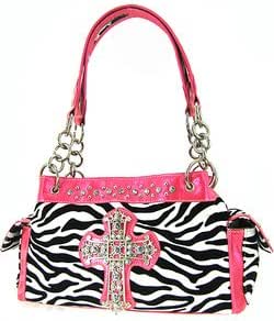 Bling Rhinestone Cross Zebra Satchel Purse Hot Pink Trim: Handbags ...