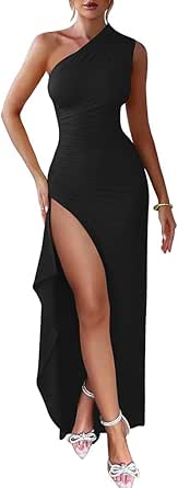 Amazon.com: LAGSHIAN Women's Summer Sexy Bodycon One Shoulder High Split Ruched Cocktail Party ...