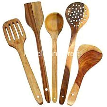 India's Big Shop Wooden Brown Spoon Set of 5 | 1 Frying, 1 Serving, 1 ...