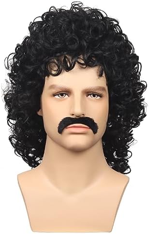 Amazon.com: WildCos Short Curly Rocker Mustache Beard Wig Cosplay ...