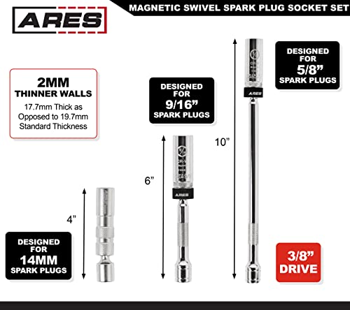 Snapklik.com : ARES 11053 - 3-Piece 3/8-Inch Drive Magnetic Swivel Spark Plug Socket Set