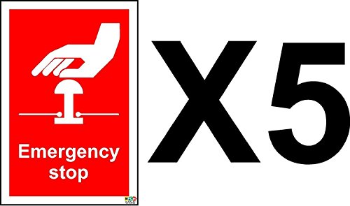 Emergency Stop Safety Sign - Self adhesive sticker 70mm x 50mm (PACK OF ...