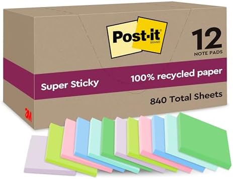 Post-it Super Sticky 100% Recycled Notes, Pack of 12 Pads, 70 Sheets ...