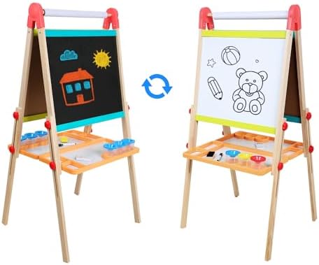 Amazon.com: Kids Wooden Art Easel with Paper Roll,Foldable Double-Sided ...