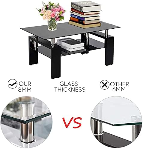 Coffee Tables Wooden Legs 2-Tier Center Table Modern Black Side Coffee ...
