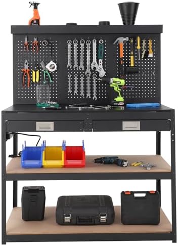 DWVO 60" Adjustable Workbench with Pegboard, Heavy Duty Wood Top Work ...