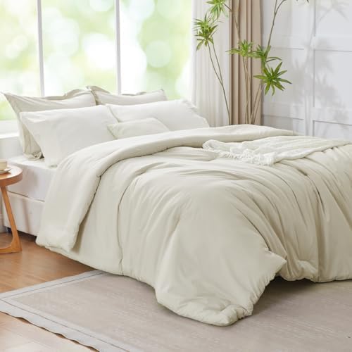 Amazon.com: HYMOKEGE Beige Queen Comforter Set Seersucker 7 Pieces, All ...