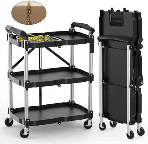 Amazon.com: HIMIX Foldable Utility Carts with Wheels, 3-Tier Holds 240lbs Folding Rolling Cart ...