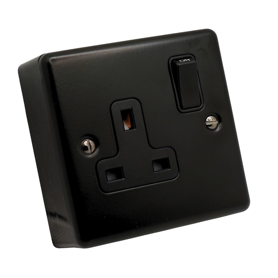 SHPELEC Matt Black Finish 13A Metal Double Socket with 35mm PVC Surface ...