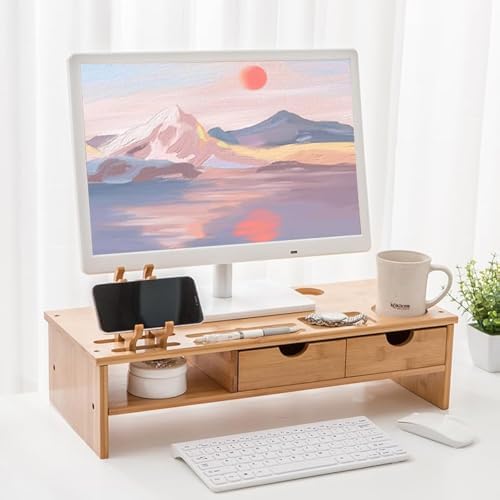 ybaymy Bamboo Monitor Stand, Wooden Laptop Stand with Drawer, Wood ...