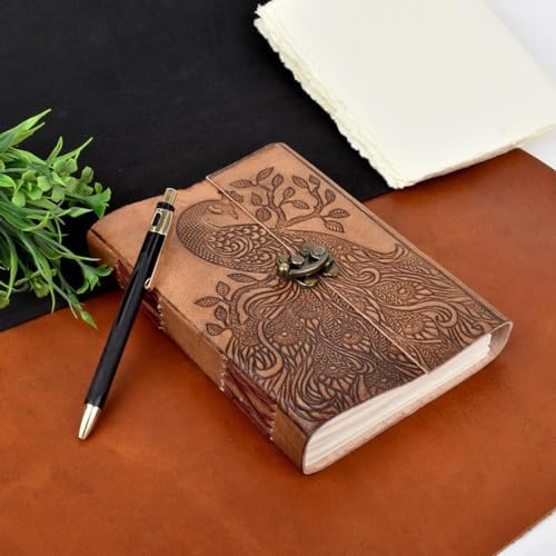 ARSHAD HANDICRAFT Peacock Design Leather Journal with 100 Sketch Pages ...
