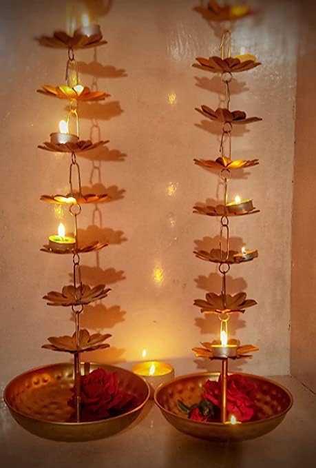 Buy CREATIVE LAMPS Golden Metal Lotus Shaped 8 Hanging Urli Pot for ...