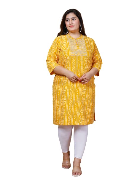 Buy Angiya Women's Plus Size Yellow Coloured Rayon Embroidered Bandhej ...