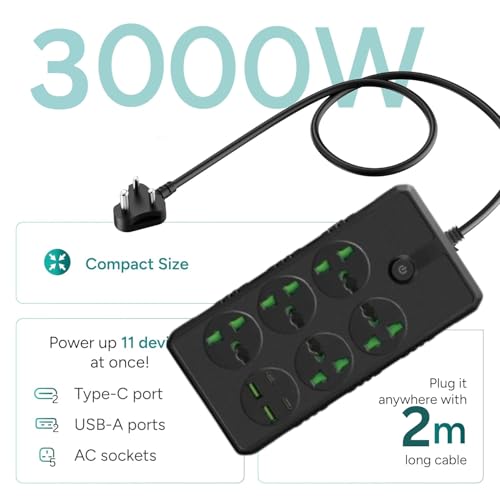 Extension Board 2500W 5 Power Sockets Extension Cord with 38W 2 USB ...