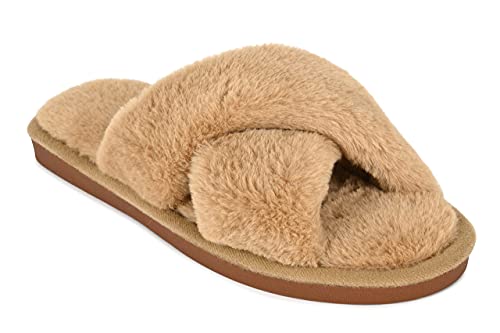 ASNY Fiona Women's Cross Band Slippers Soft Plush Furry Cozy Open Toe ...