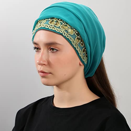 Buy Woeoe Chiffon Muslim Hijab Green Sequins Long Scarf Pearls Solid ...