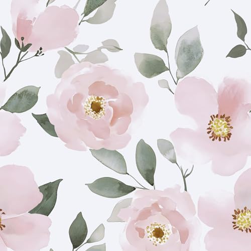 VistaPalette 18"x236" Watercolor Flower Leaf Pink White Grey Peel and ...