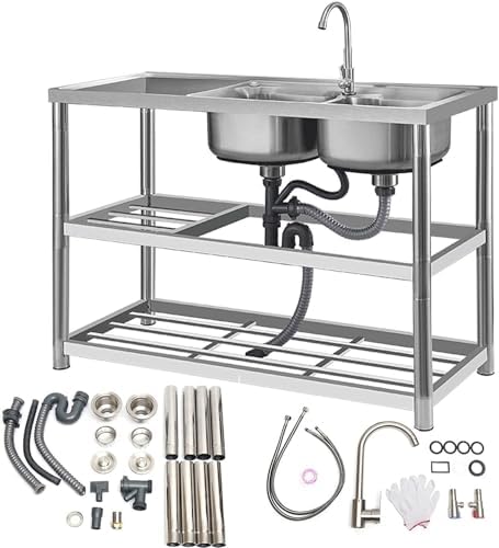 Utility Sink, 47.2" L x 17.5" W x 31.5" D Free Standing Double Bowl ...