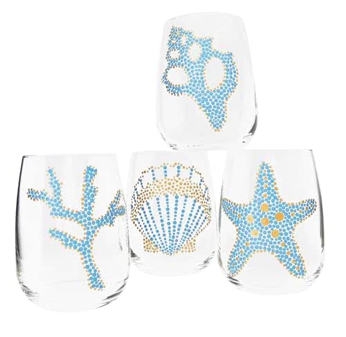 Amazon.com: Hand Painted Stemless Wine Glasses, Aqua & Gold Nautical ...