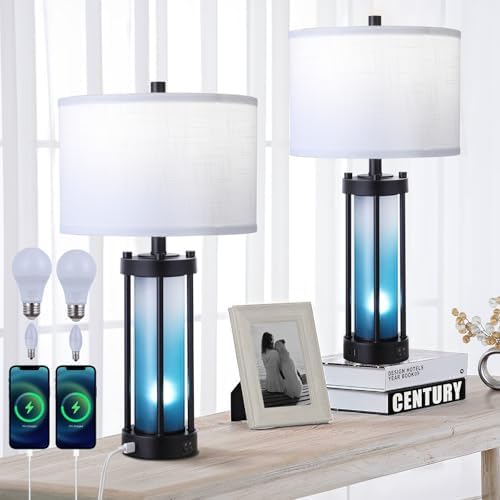 Set of 2 Blue Glass Table Lamps with USB C+A Ports, 26" Tall Modern ...