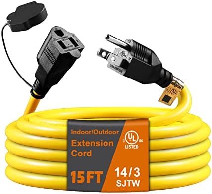Amazon.com: 15 Ft Indoor/Outdoor Extension Cord, Yellow 14AWG/15A 3 ...