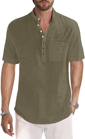 JMIERR Men's Casual Cotton Linen Henley Shirts Summer Short Sleeve Button Up Hippie Beach Shirt ...