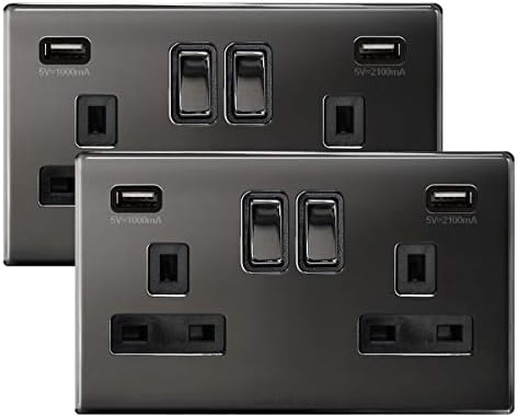 Polished Black Nickel USB Double Wall Plug Socket 2 Gang 13A with 2 USB ...