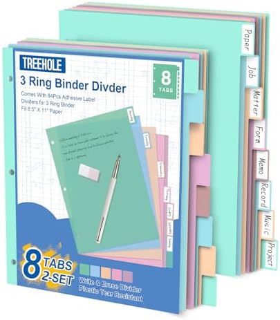 8 Tab 2 Set Binder Dividers with Tabs, Plastic 8 Tab Dividers,Letter ...