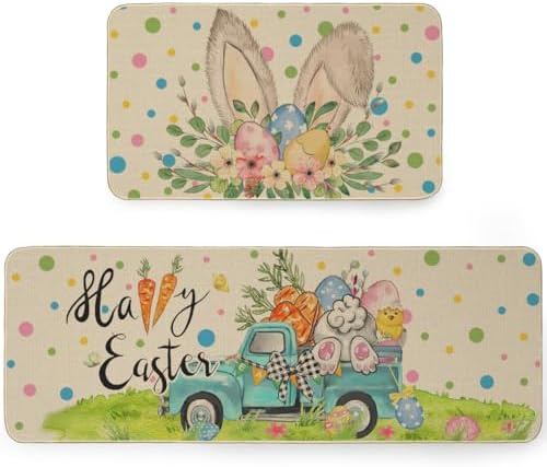 Amazon.com: ARKENY Happy Easter Kitchen Rugs Set of 2, Cute Bunny Ears ...