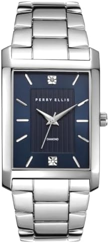 Perry Ellis Men's Watch – Rectangular Silver-Tone, Dark Blue Textured ...