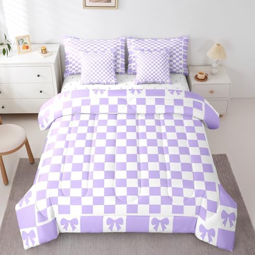 Amazon.com: Purple White Plaids 7 Pieces Bedding Set Twin,Cartoon ...