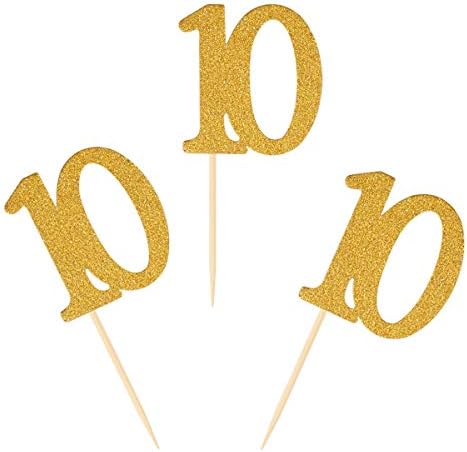 Amazon.com: Unimall 24 Pieces Number 10 Cupcake Toppers, Gold Glitter ...