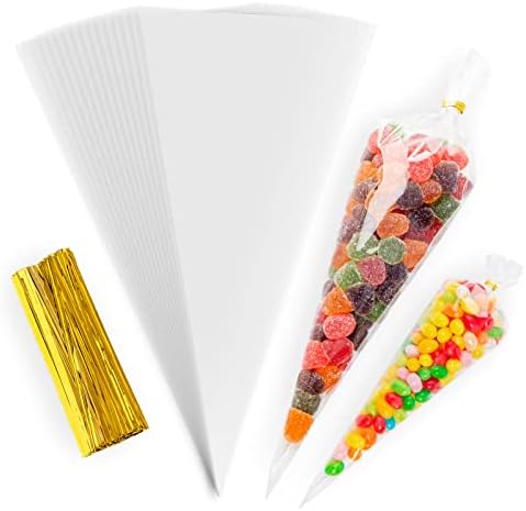 Sweet Cones Bags, 120 Pcs Cellophane Bags with Twist Ties, 18 x 30 cm ...
