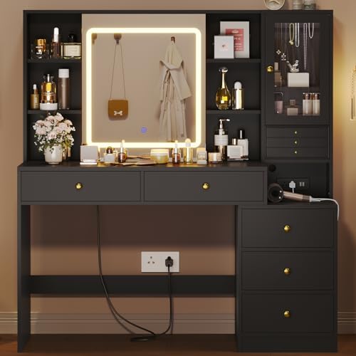 Amazon.com: HAUOMS Makeup Vanity Desk with Lighted Sliding Mirror ...