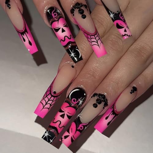 Amazon.com: Press on Long Square Nails Halloween Glossy Full Cover ...