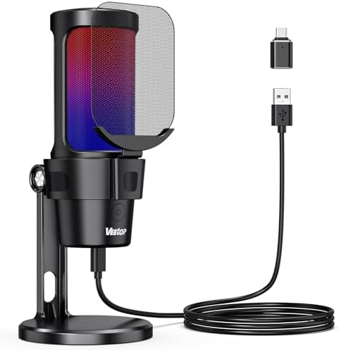 NJSJ USB Microphone for PC, RGB Gaming Mic with Mute Button, Condenser ...
