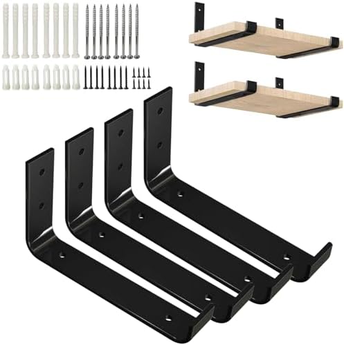 4Pcs Heavy Duty Shelf Brackets, 300mm(12 inch) Black Industrial Metal ...