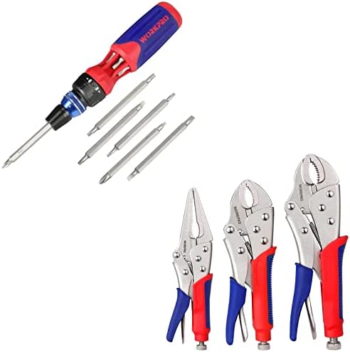 WORKPRO 12-in-1 Ratcheting Multi-Bit Screwdriver&3-piece Locking Pliers ...