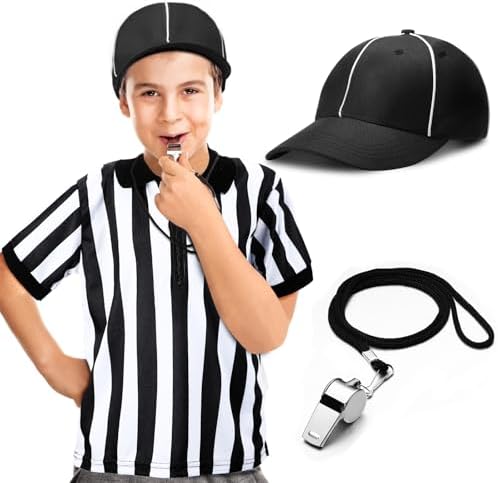 Funtery 4 Pcs Referee Costume Set Kids Referee Hat Stripe Shirt Whistle ...