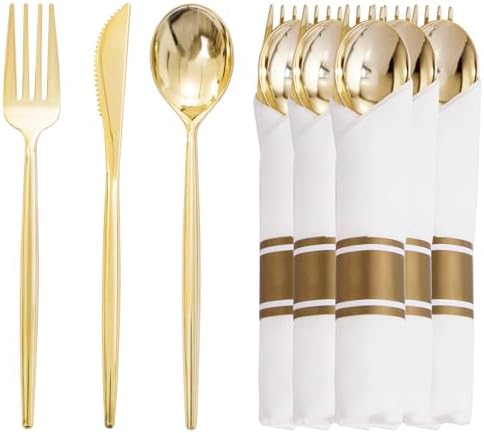 Amazon.com: Kochorie 50 Pack Pre Rolled Gold Plastic Silverware Sets ...