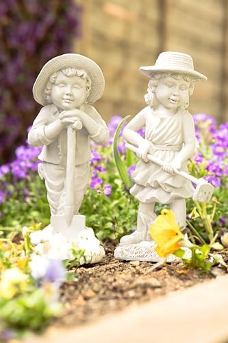 Garden Mile White Stone Effect Gardening Kids Statue Set Boy and Girl ...
